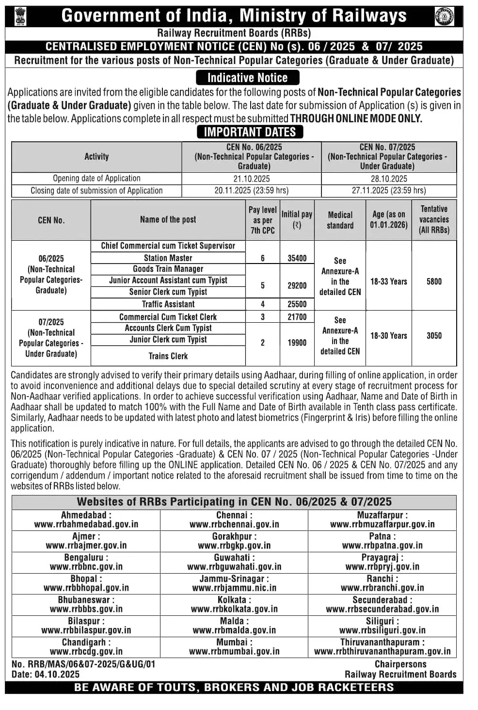 RRB NTPC Notification 2025-26 Out for 8,850 Vacancies, Apply From 21 Oct
