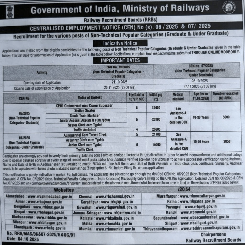 RRB NTPC Notification 2025-26 Out for 8,875 Vacancies